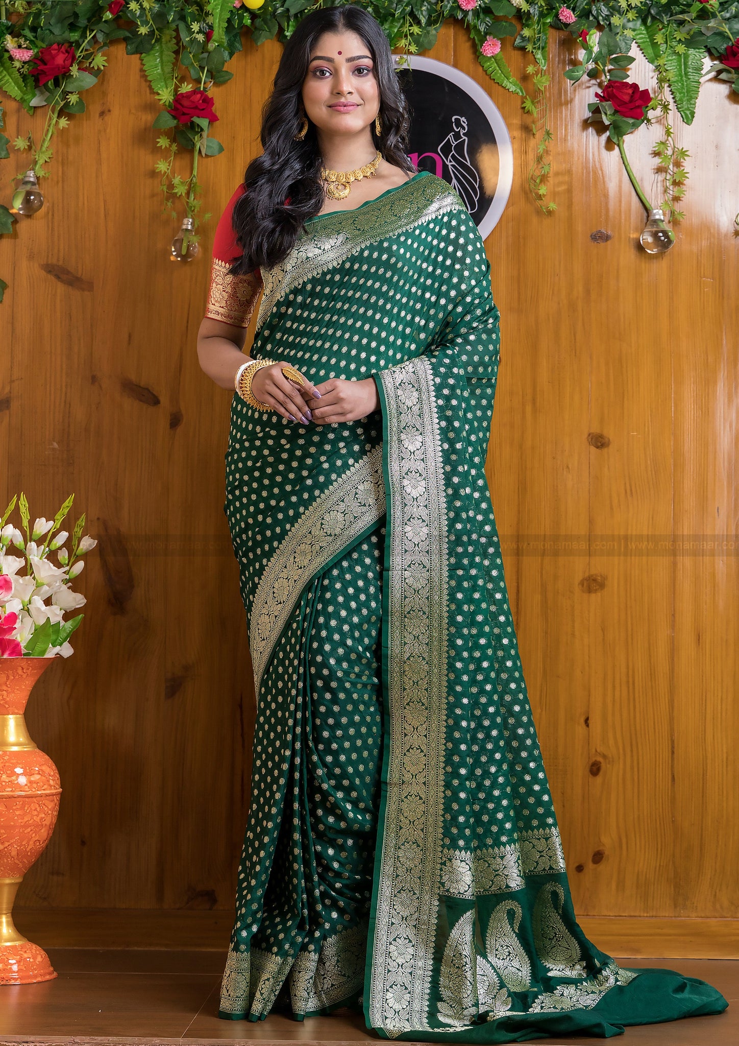 Worldly Green Banarasi Semi Katan Silk Saree – Monamaar