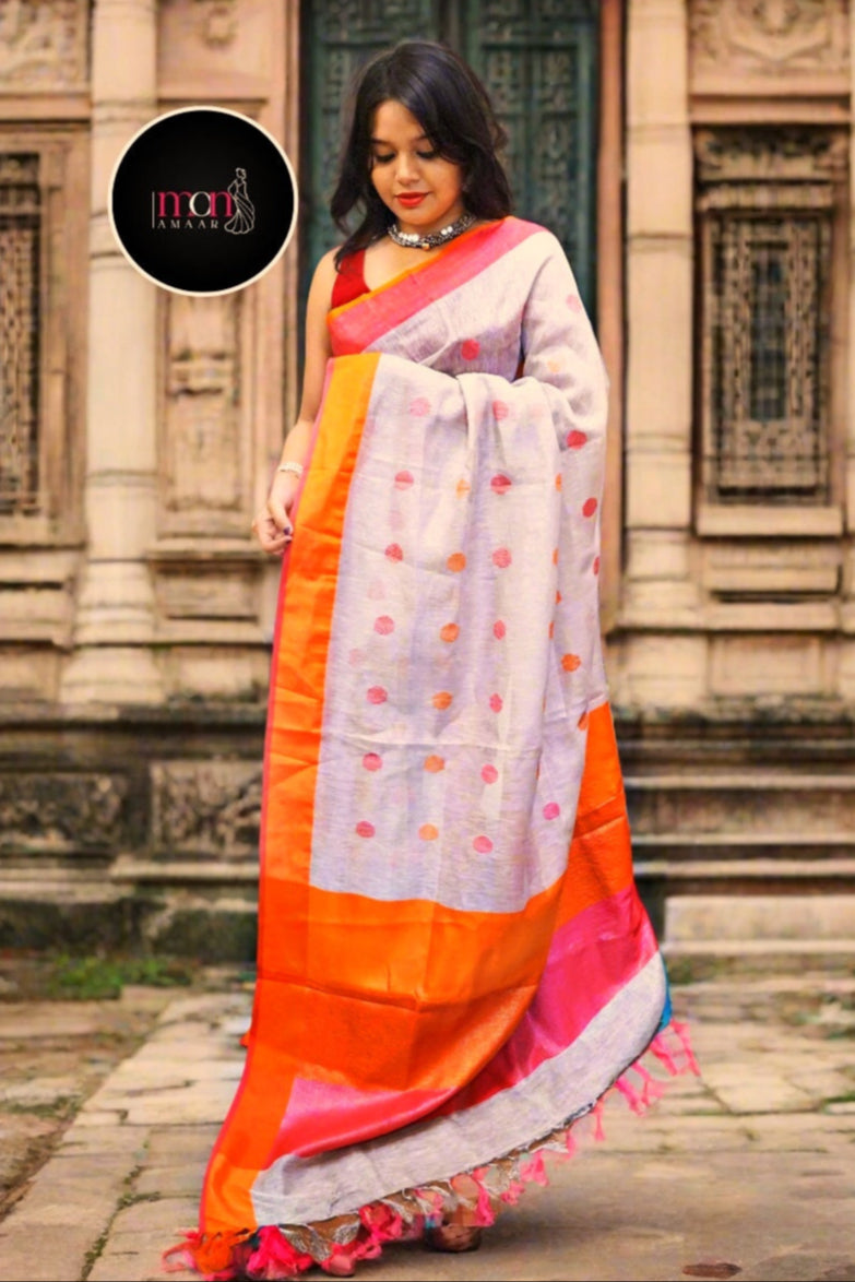 Radiant Loom- Tissue Linen Saree with Dual Color Border – Monamaar
